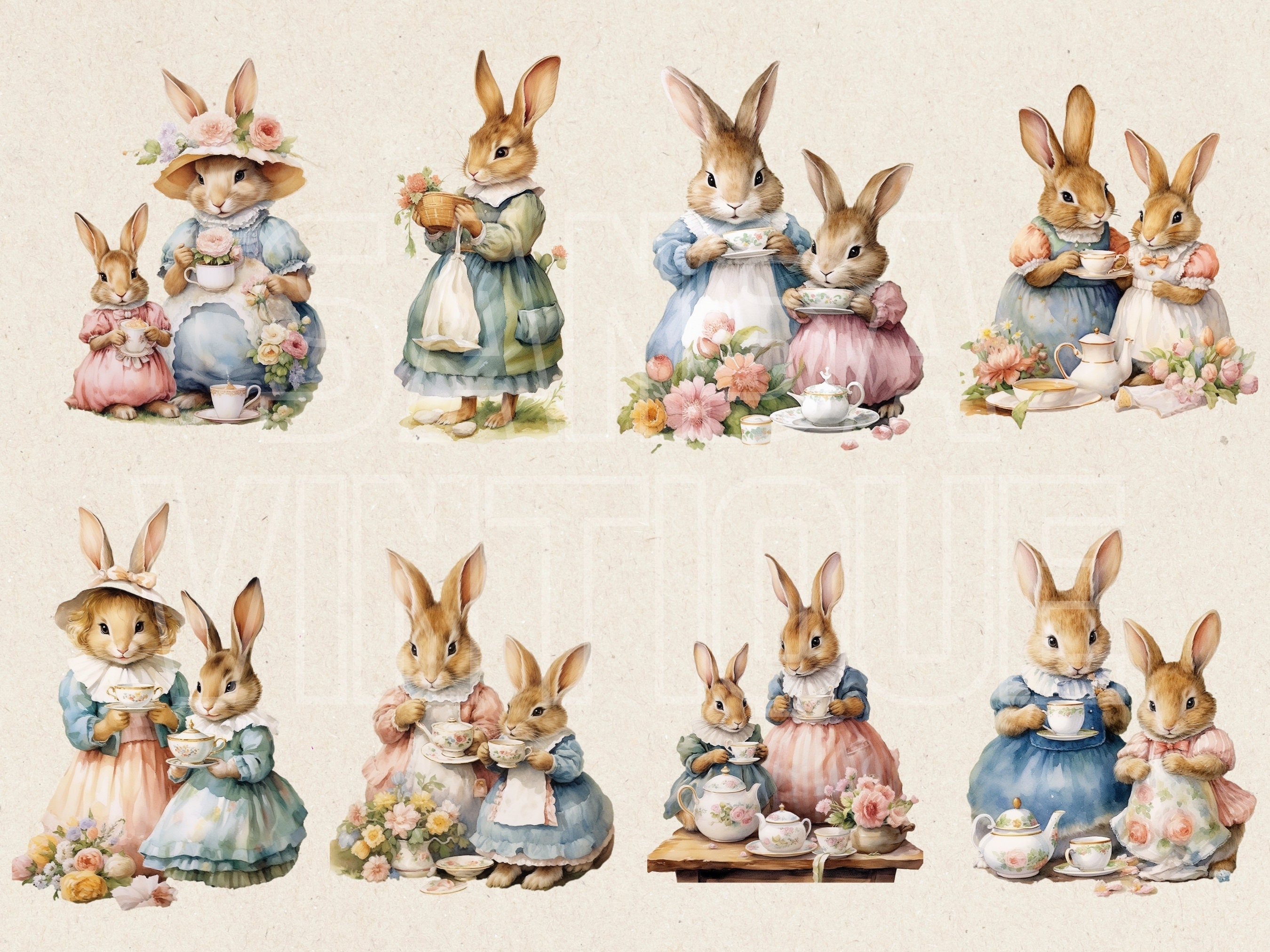 Vintage Rabbit and Teatime Watercolor Clipart, Classic Bunny in ...