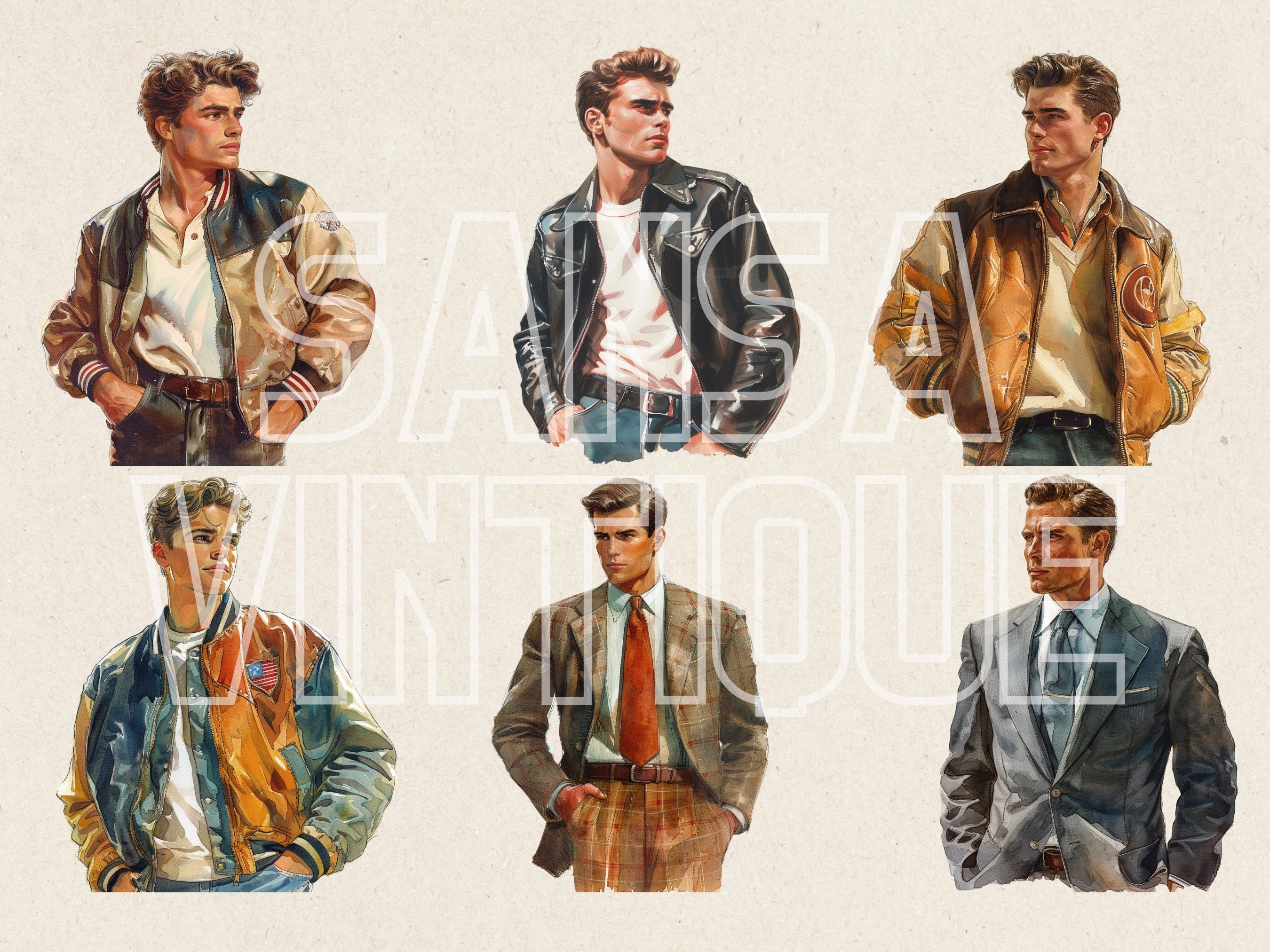 1950s Men Fashion Clothes Watercolor Clipart, Retro Fashion Menswear ...