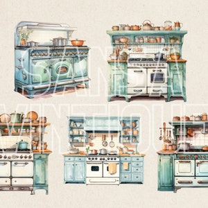 Retro Kitchen Watercolor Clipart Set, Nostalgic Cooking Free Commercial ...