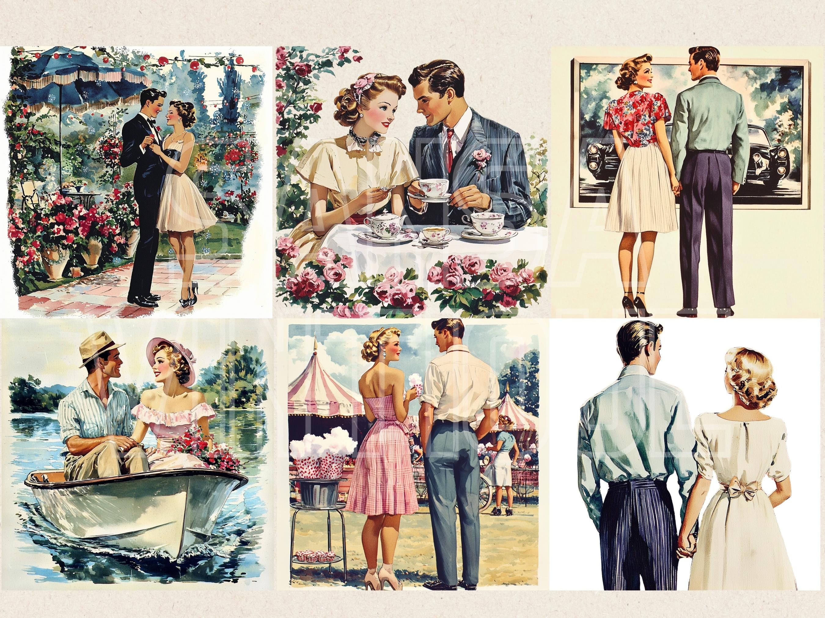 Vintage Couple 1950s Watercolor Clipart, Retro Romance Free Commercial ...
