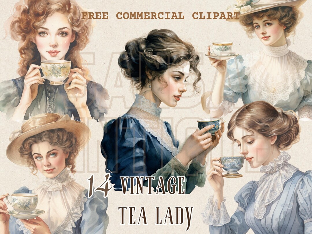 Vintage Lady Enjoying Tea Watercolor Clipart, Retro Tea Time Free ...