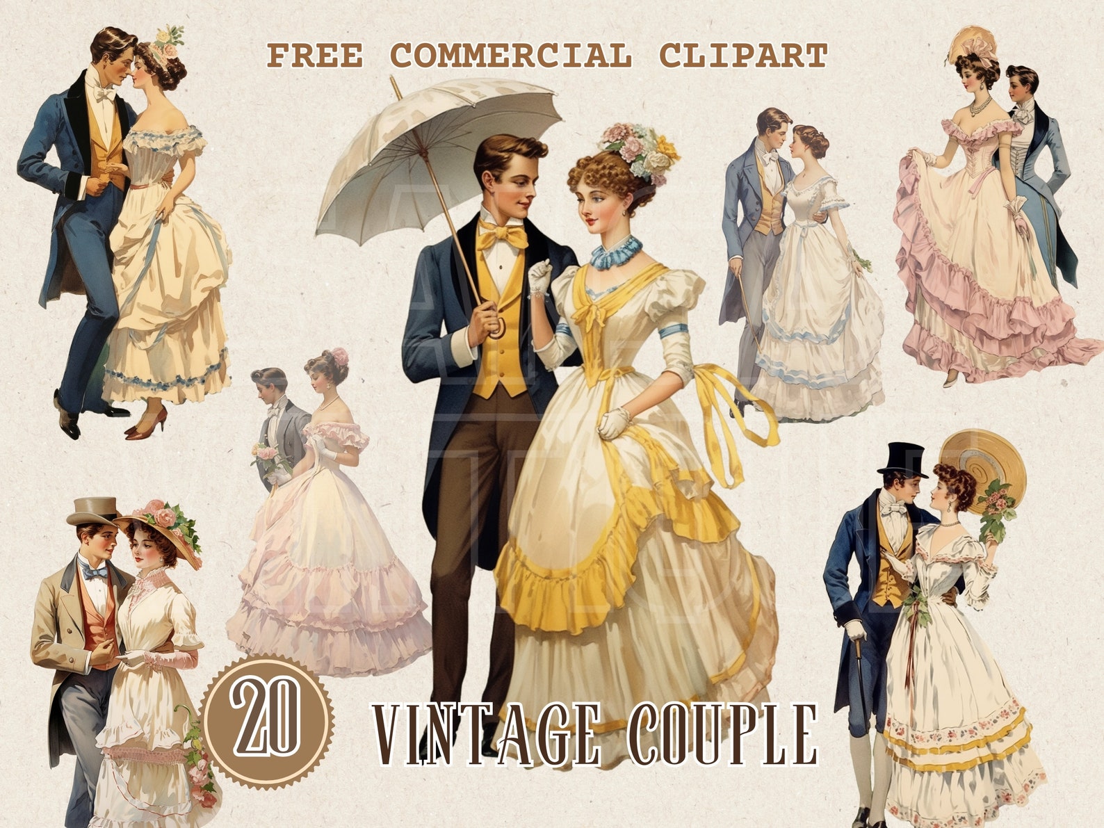 Vintage Couple Watercolor Clipart, Victorian Romance Free Commercial ...