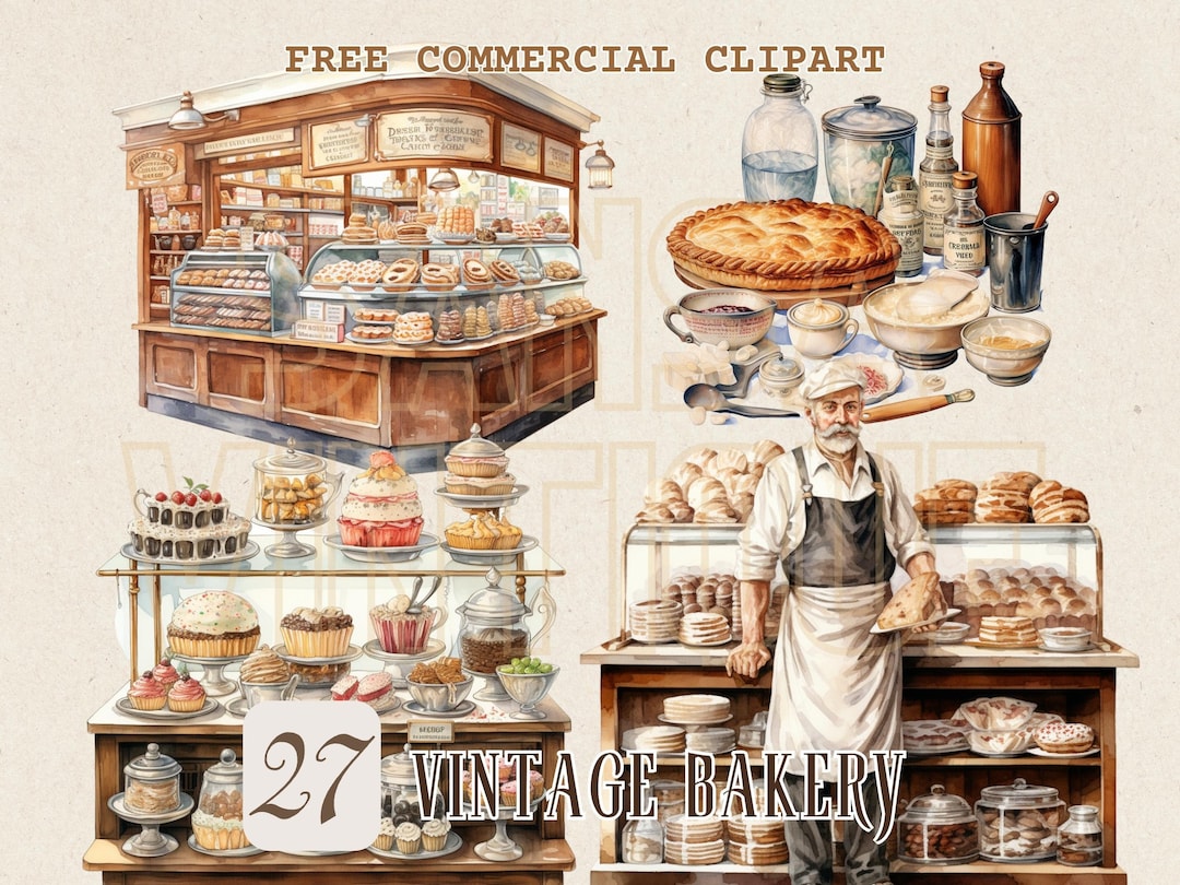 Vintage Bakery Shop Watercolor Clipart, Retro Pastry Chef Free ...