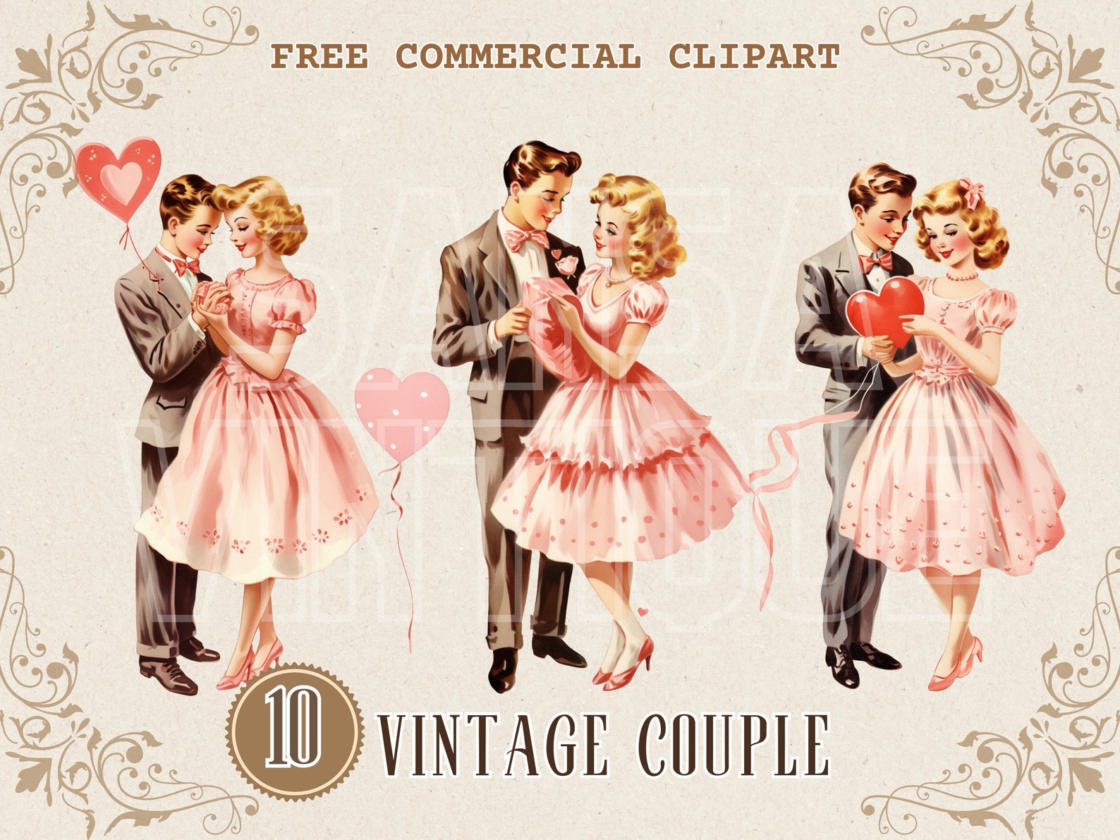 Vintage Couple Watercolor Clipart, Retro Romance Free Commercial PNG ...