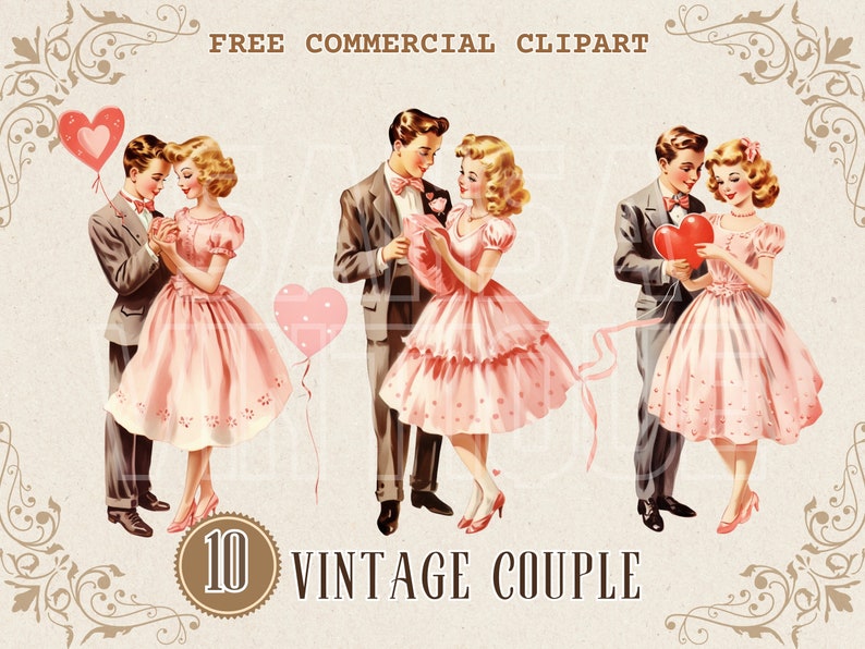 Vintage Couple Watercolor Clipart, Retro Romance Free Commercial PNG ...