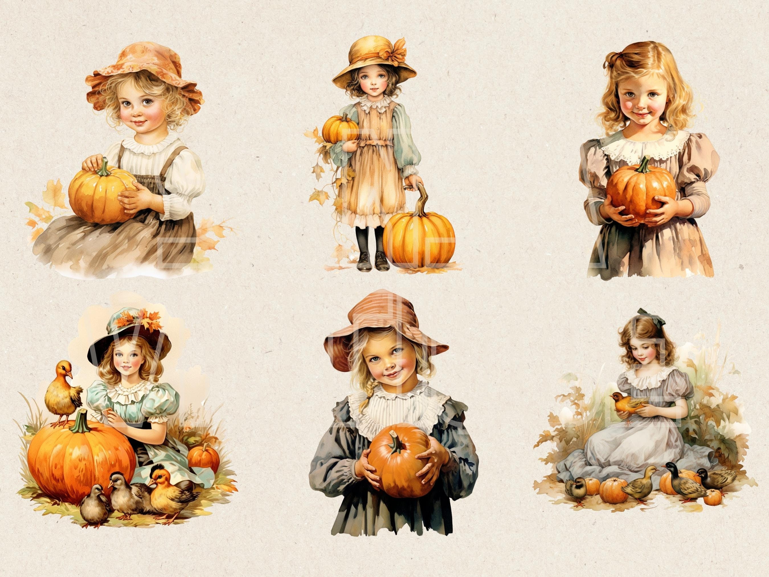Vintage Pumpkin Kid Watercolor Clipart, Retro Children Holding Pumpkin ...
