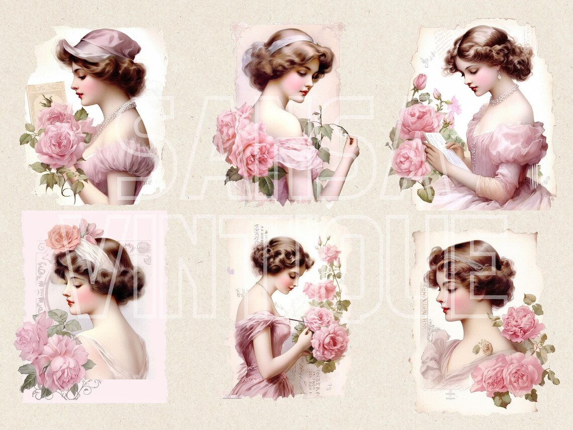 Vintage Floral Lady and Decoupage Background Watercolor Clipart, Retro ...