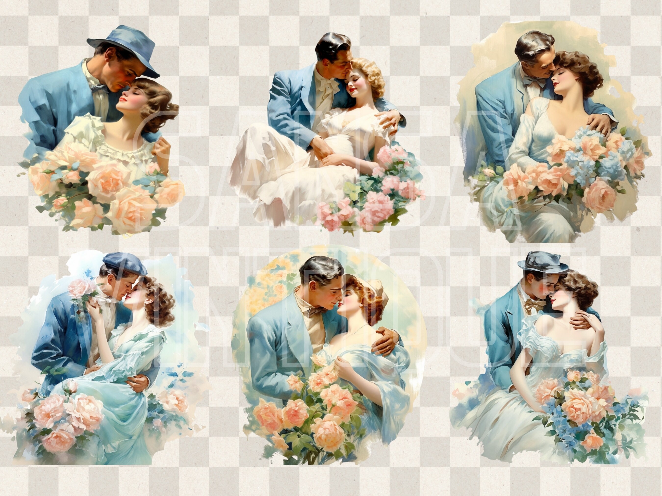 Vintage Floral Couple Watercolor Clipart, Retro Romance Free Commercial ...