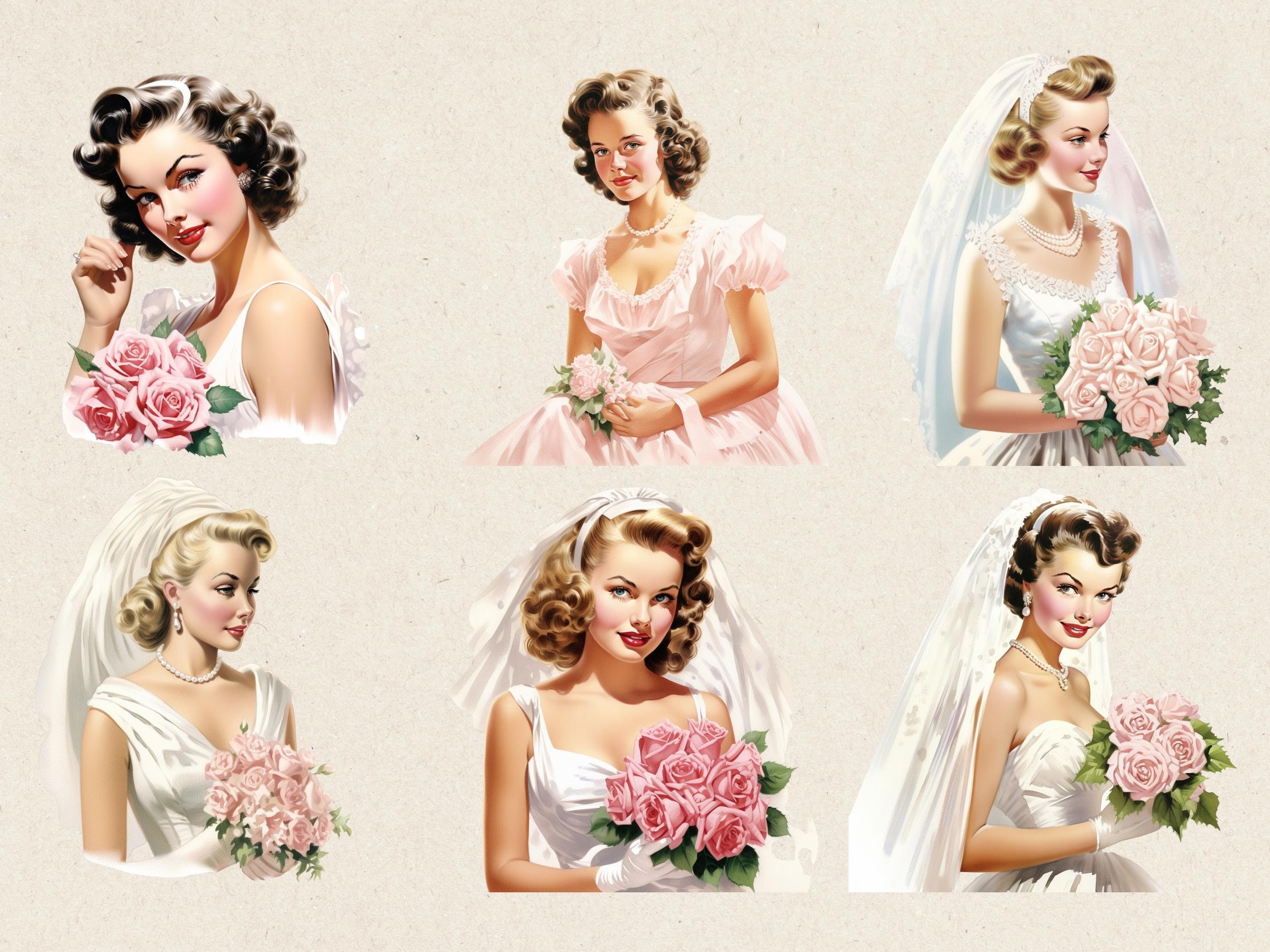 Retro Bride Watercolor Clipart, Vintage Wedding Free Commercial PNG Set ...