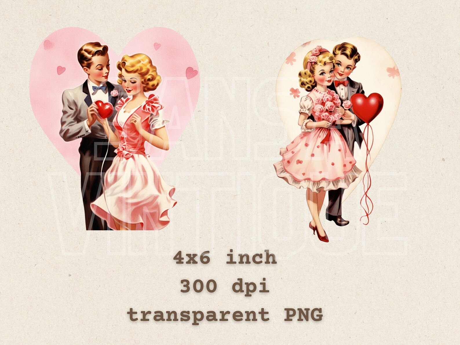 Vintage Couple Watercolor Clipart, Retro Romance Free Commercial PNG ...