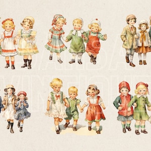 Vintage Kids Watercolor Clipart, Retro Friendship Free Commercial PNG ...