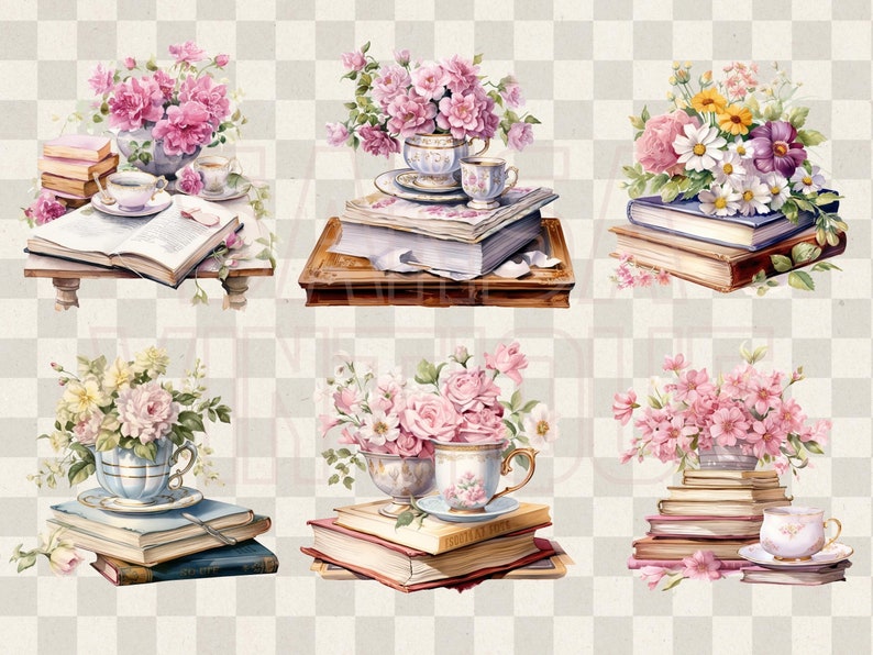 Vintage Book and Flower Watercolor Clipart, Retro Book and Tea Free ...