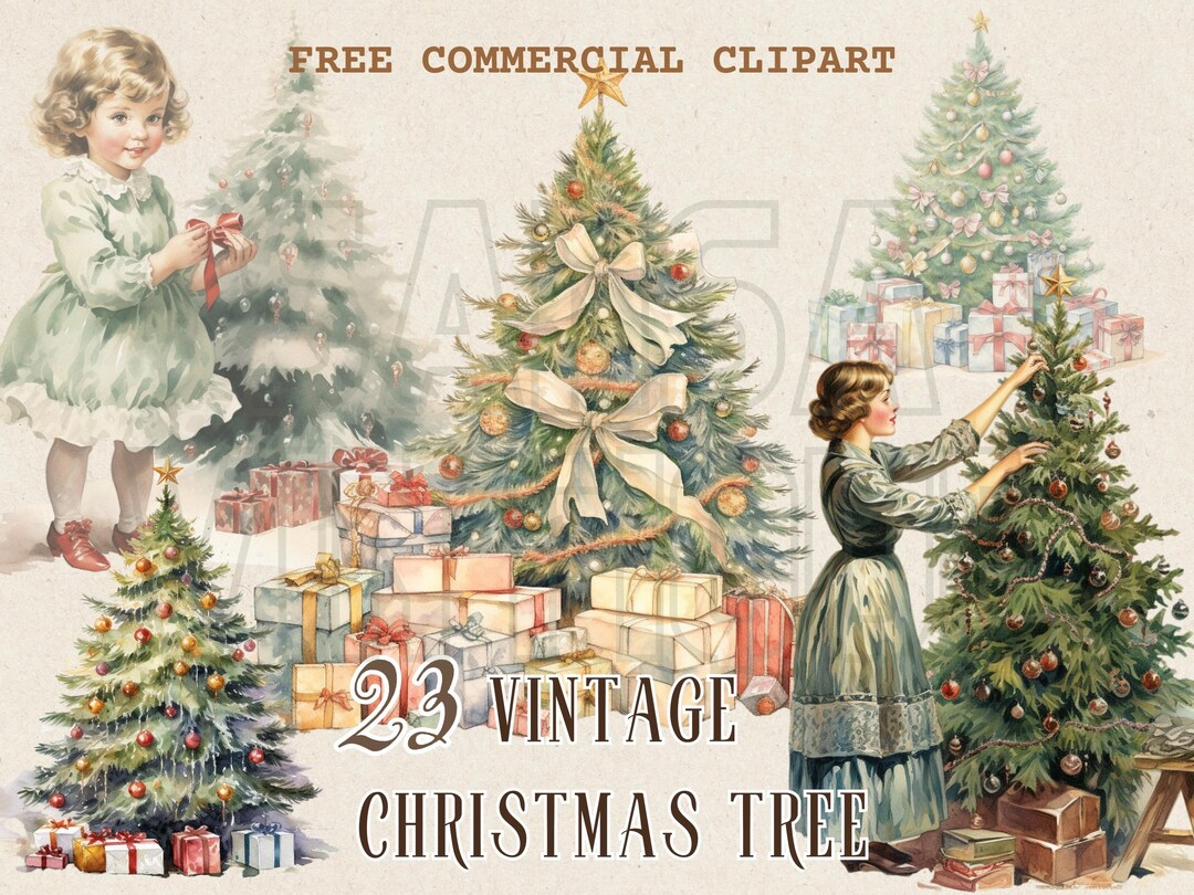 Vintage Christmas Tree Watercolor Clipart, Lady Decorating Christmas ...