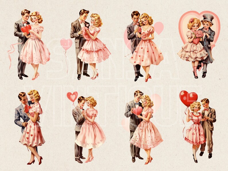 Vintage Couple Watercolor Clipart, Retro Romance Free Commercial PNG ...
