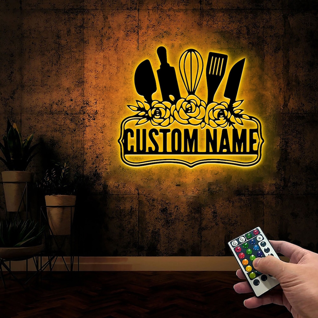 Custom Name Kitchen Metal Wall Art LED Light Personalized - Etsy