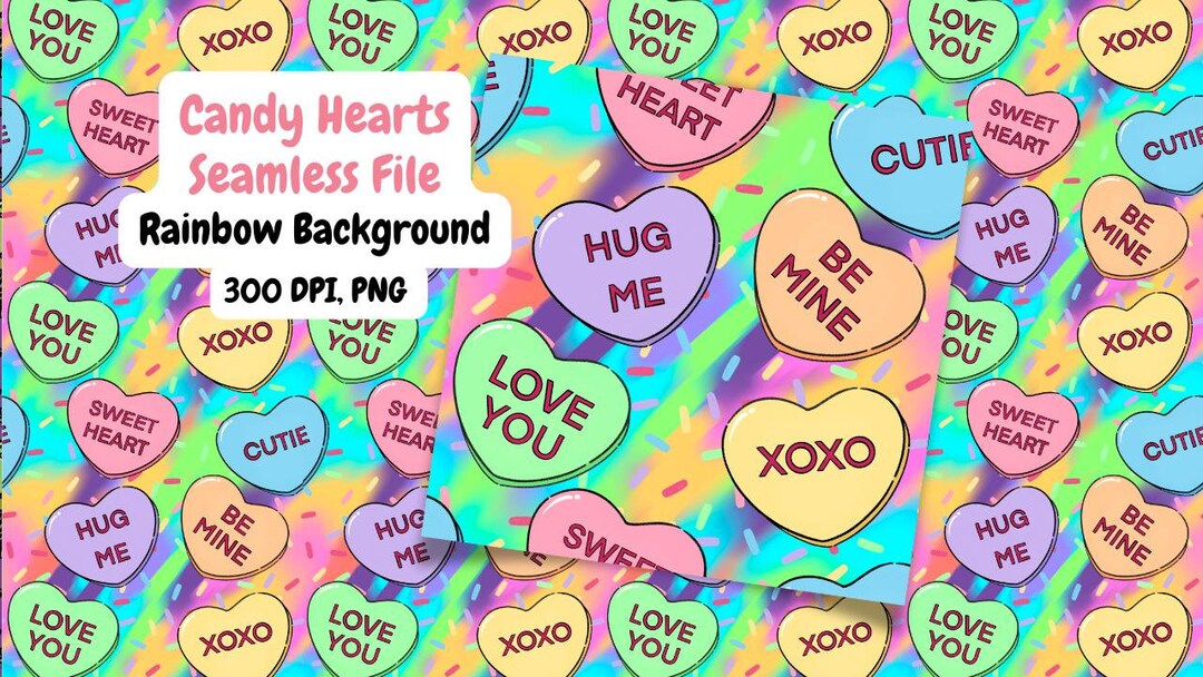 Candy Hearts Rainbow Seamless Pattern | Conversation Hearts Fabric ...