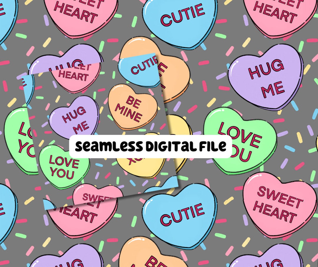Candy Hearts Seamless Pattern: Gray Valentine's Fabric (digital File ...