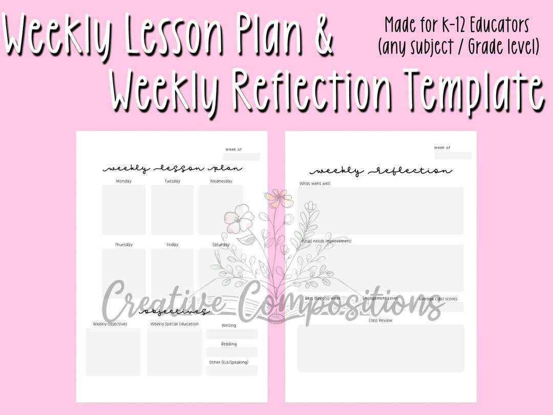 K-12 Weekly Lesson Plan Template /weekly Teacher Reflection Sheets ...