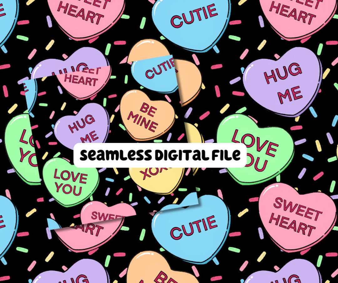Candy Hearts Seamless Pattern: Black Valentine's Fabric (digital File ...