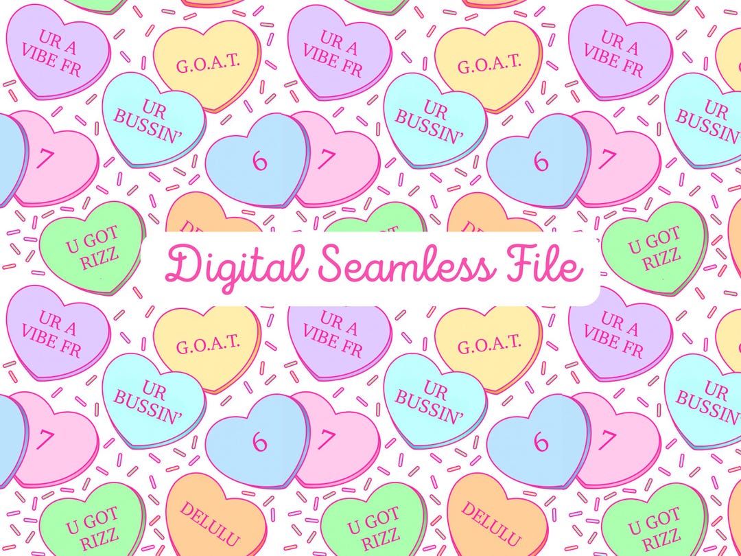 Gen Z Candy Hearts White Seamless Pattern | Conversation Hearts Fabric ...