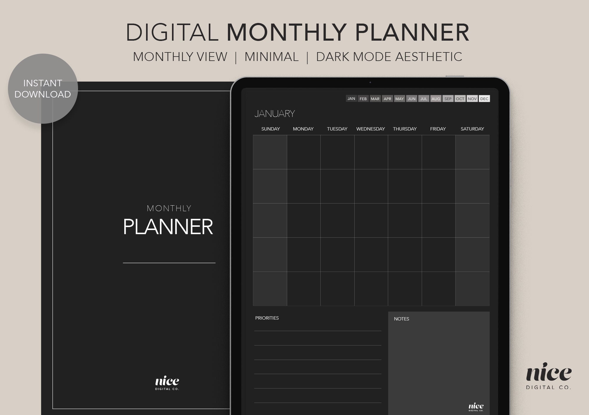 Dark Mode Minimalist 12-month Digital Calendar | Goodnotes Compatible ...