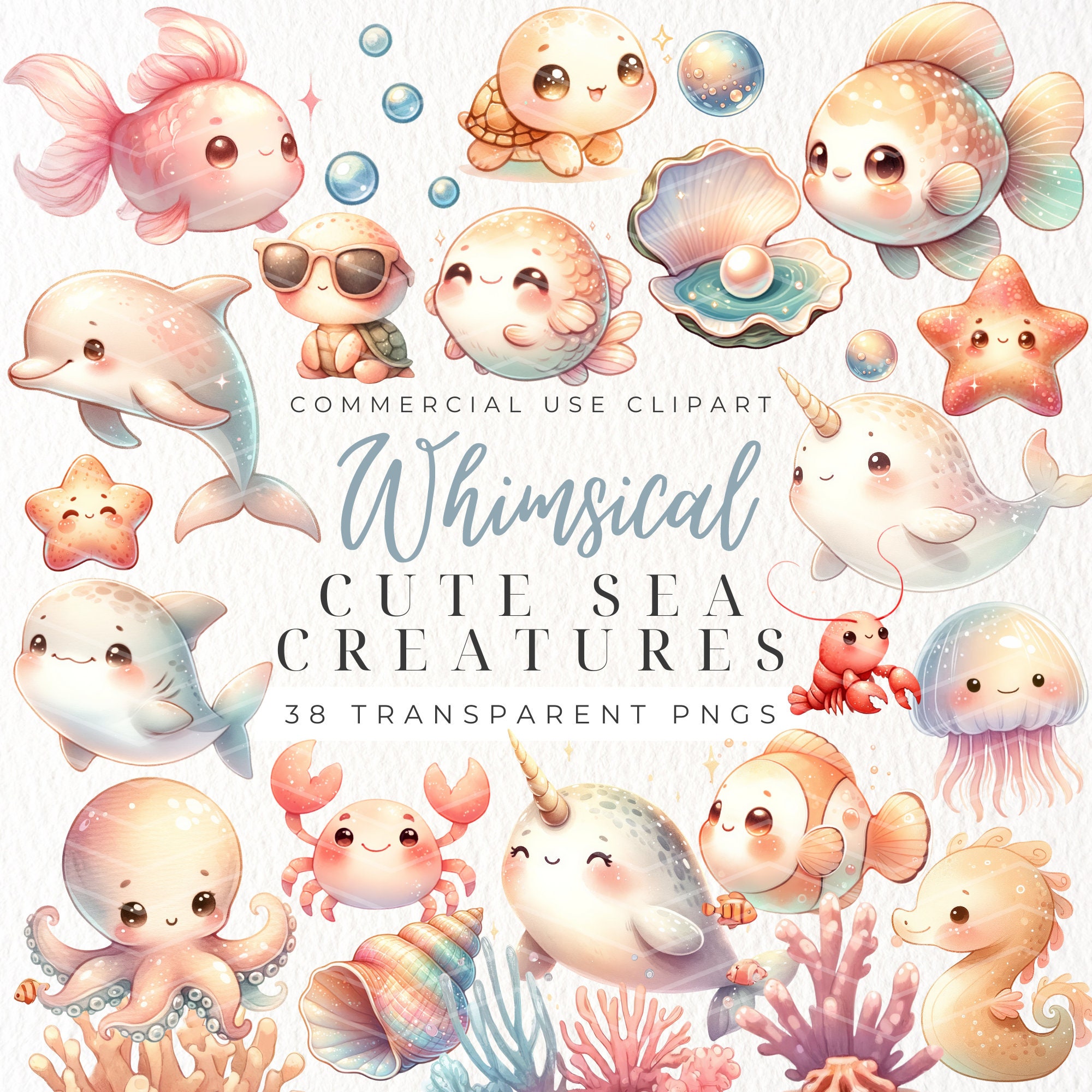 Cute Sea Life Animals Undersea Watercolour Clipart, PNG, Baby Shower ...