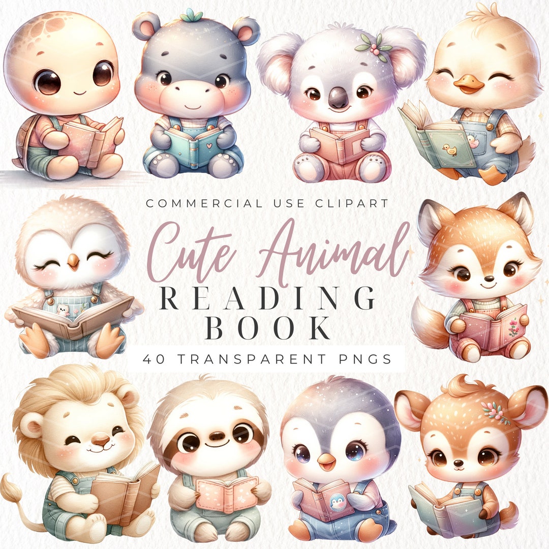 Cute Animal Reading Book Clipart, Story Book, Nursery Decor Art, Kids ...