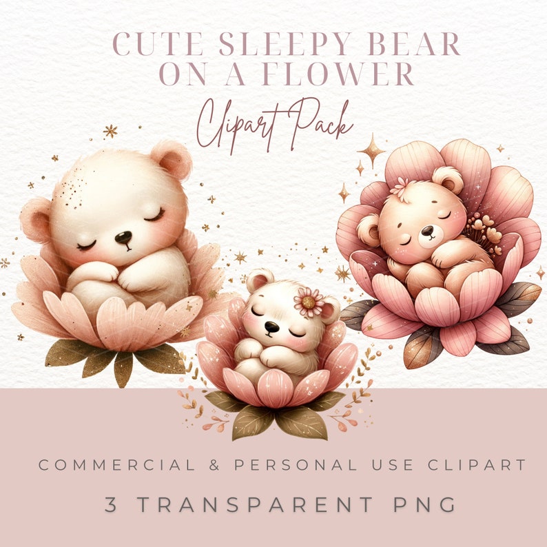Adorable Cute Sleepy Teddy Bear Sleeping on Flower Clipart Pack ...