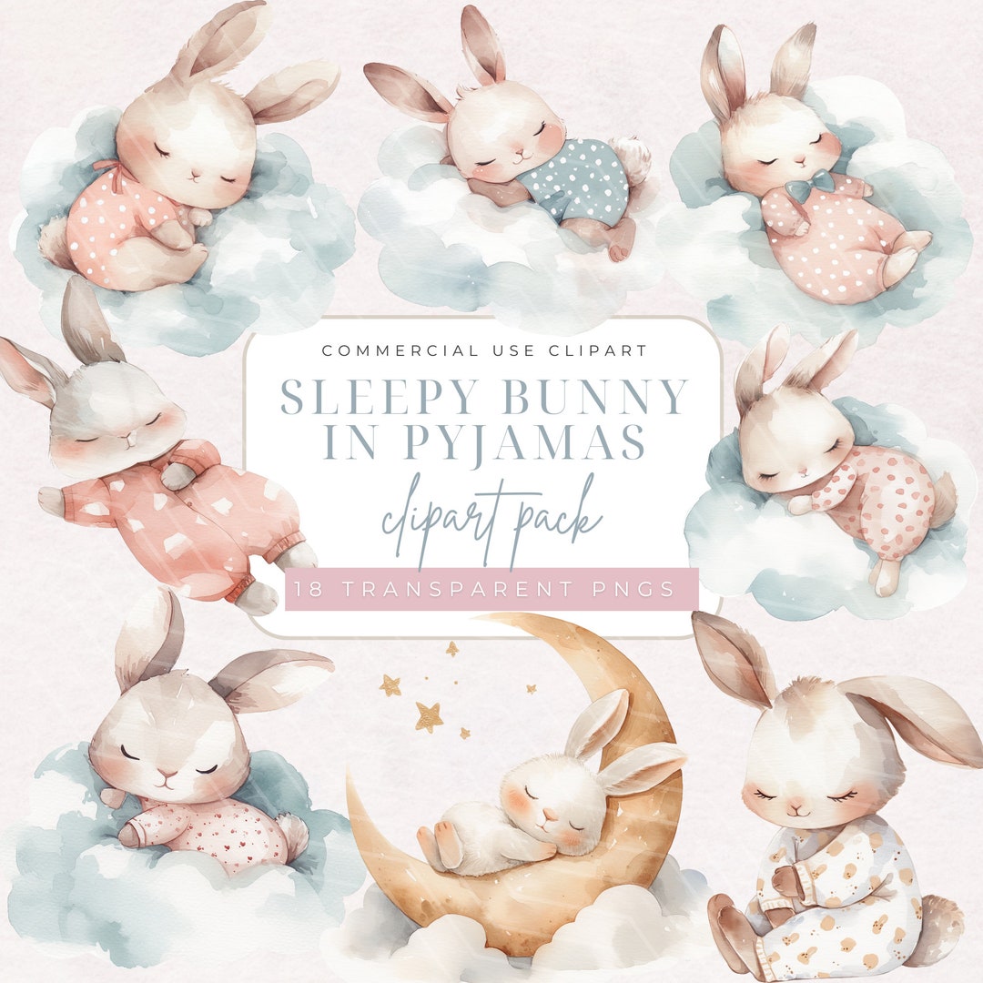 Adorable Cute Sleepy Bunny, Rabbit in Pyjamas Clipart, Watercolour Baby ...