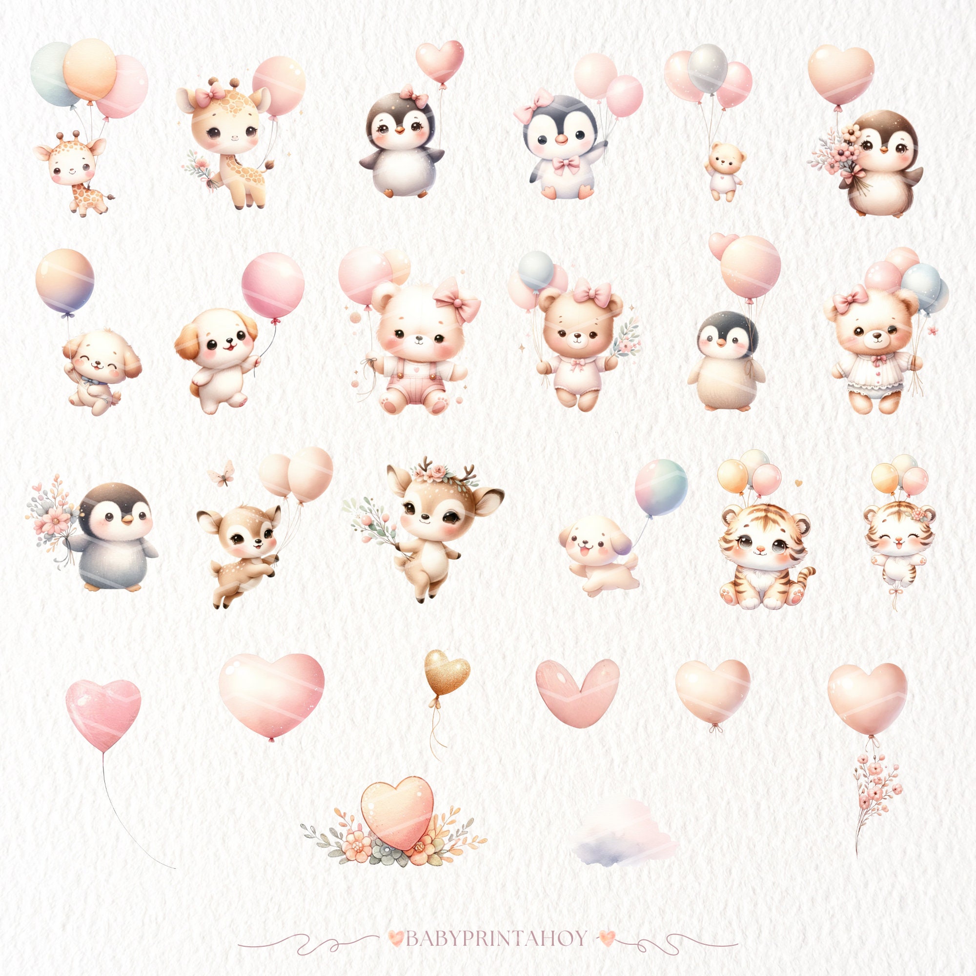 Cute Animal and Balloon Clipart, Cute Flying Critters, Nursery Decor ...