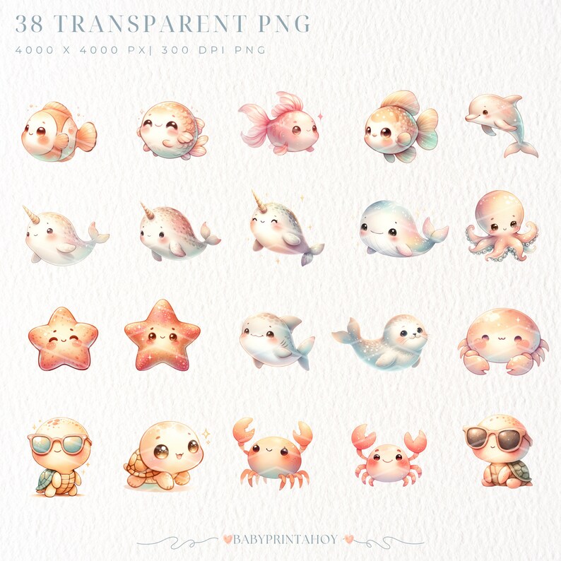 Cute Sea Life Animals Undersea Watercolour Clipart, PNG, Baby Shower ...