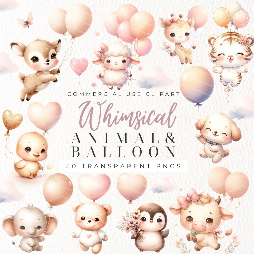 Cute Animal and Balloon Clipart, Cute Flying Critters, Nursery Decor ...