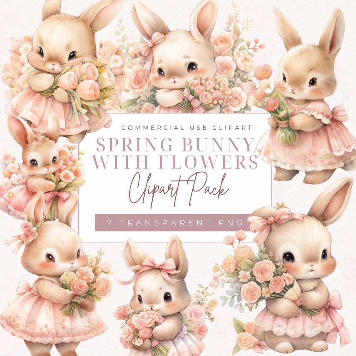 Spring Bunny With Flowers Rabbit Clipart, Watercolour Bouquet, Animal ...