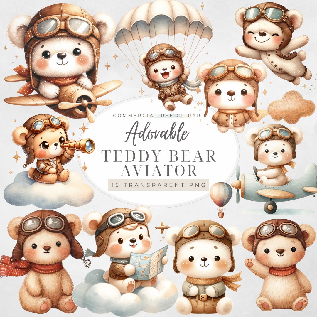 Cute Aviator Bear on Airplane, Helicopter, Hot Air Balloon, Travel ...