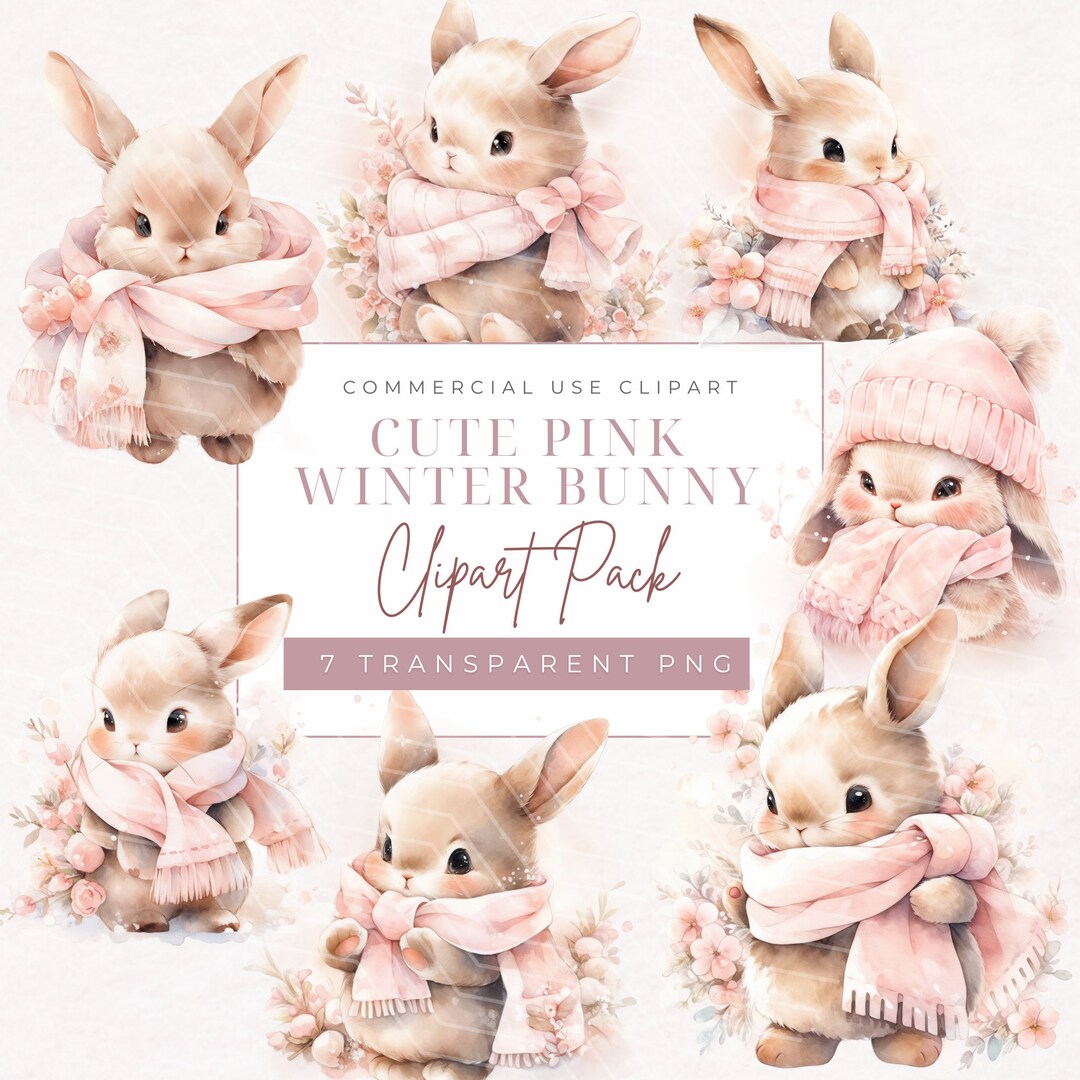 Pink Winter Rabbit Clipart, Watercolour Bunny With Scarf, Hat, Clip Art ...