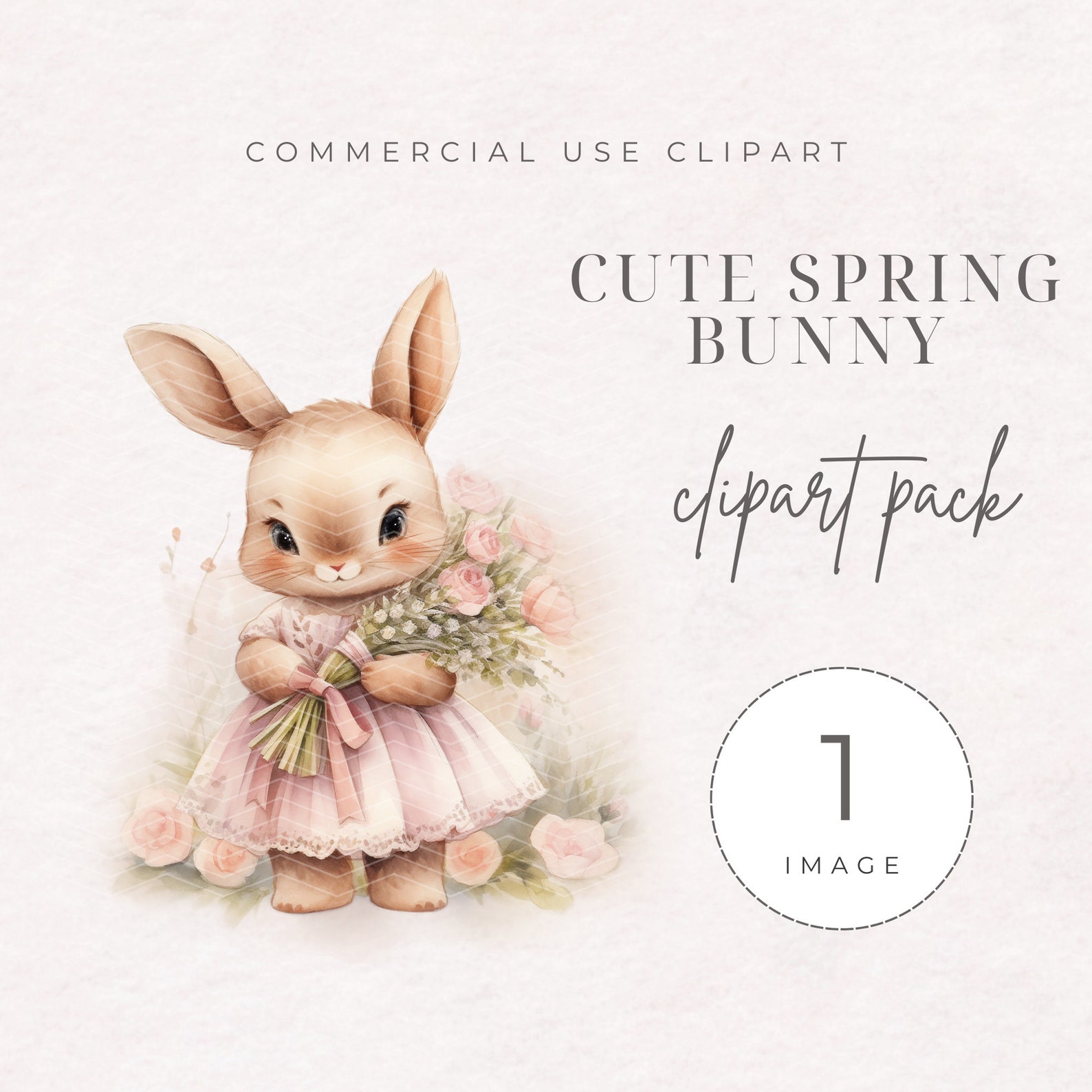 Cute Spring Baby Bunny With Flower Bouquet Clipart SINGLE IMAGE Digital ...