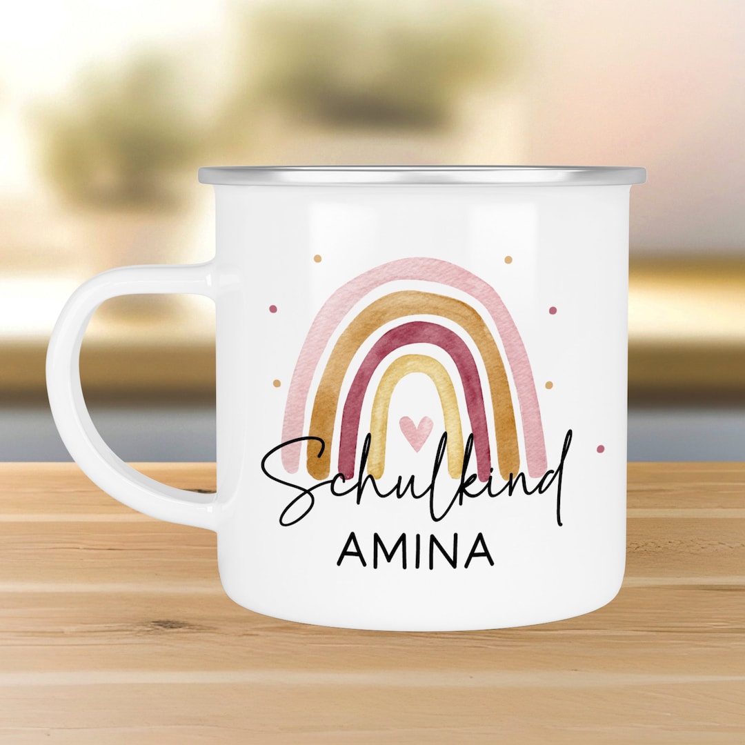 Schulanfang Schulkind Emaille Tasse Becher | Personalisiert mit Wunschnamen | Kindertasse zur ...