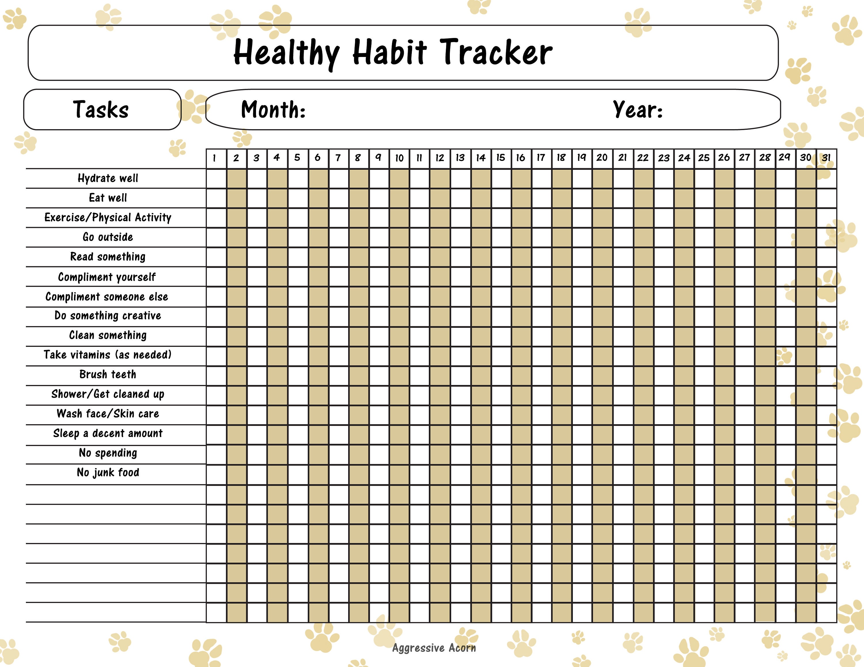Paw Print Themed Habit Tracker | Digital Download | Monthly Habit ...