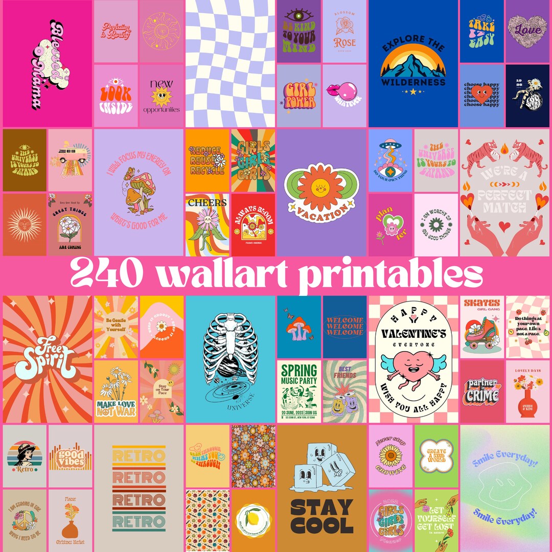 Retro Posters Digital Prints Groovy Wall Art Pink Wall Collage Kit for ...