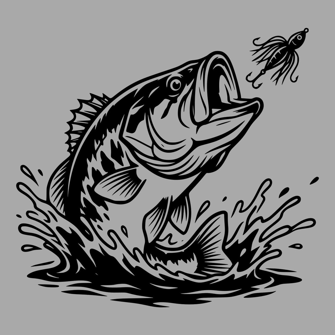 Bass Jumping SVG PNG : Dramatic Line Art Fishing Design (digital ...