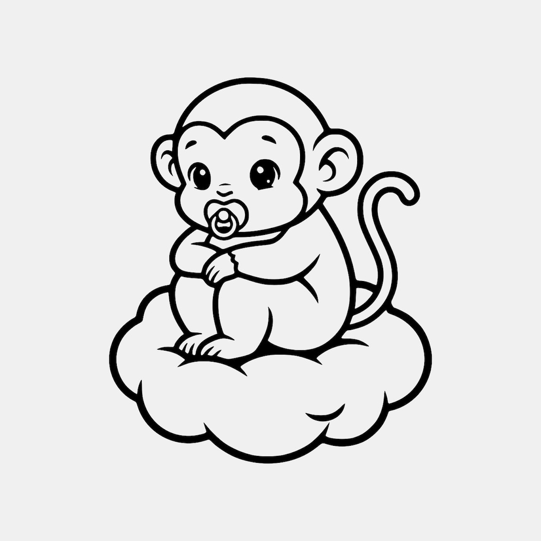 Baby Monkey on Cloud SVG, Cute Sitting Monkey With Pacifier Clipart ...
