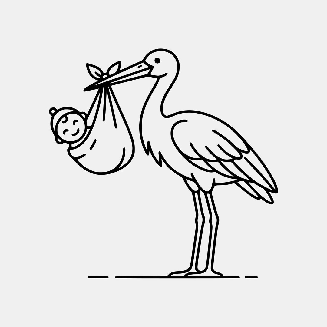 Stork Baby Line Art SVG PNG: Hand Drawn Nursery Decor Decal (digital ...