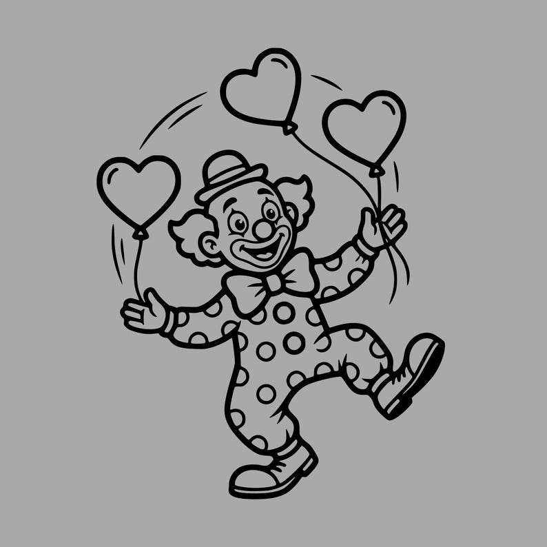 Clown Juggling Hearts SVG PNG : Cartoon Line Art Design (digital ...
