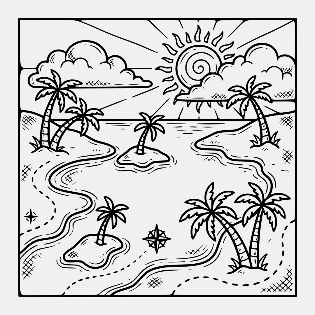Inlet With Palm Trees SVG PNG: Hand-drawn Treasure Map Design (digital ...