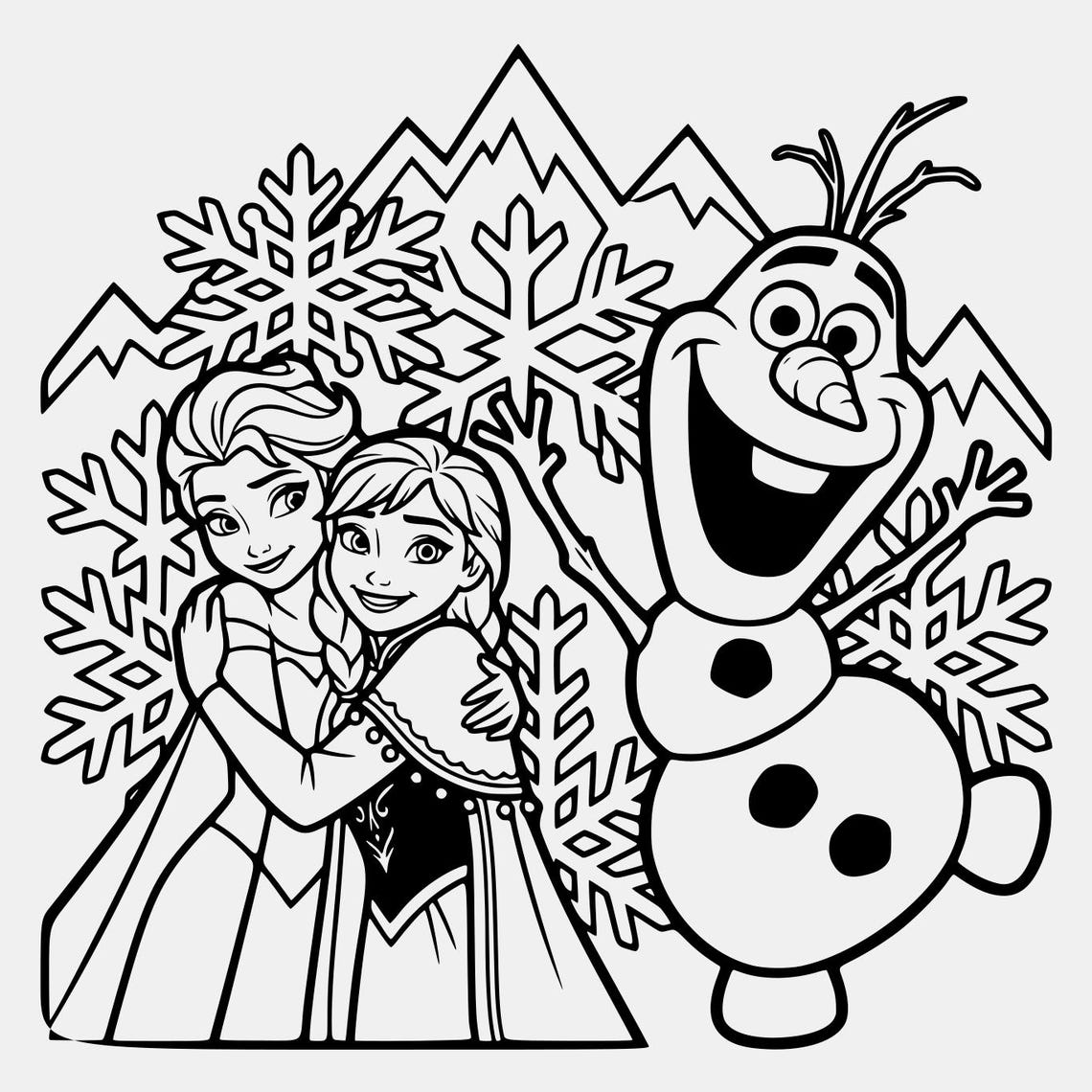 Frozen Olaf and Sisters Line Art SVG, Elsa Anna Hugging, Kids Coloring ...