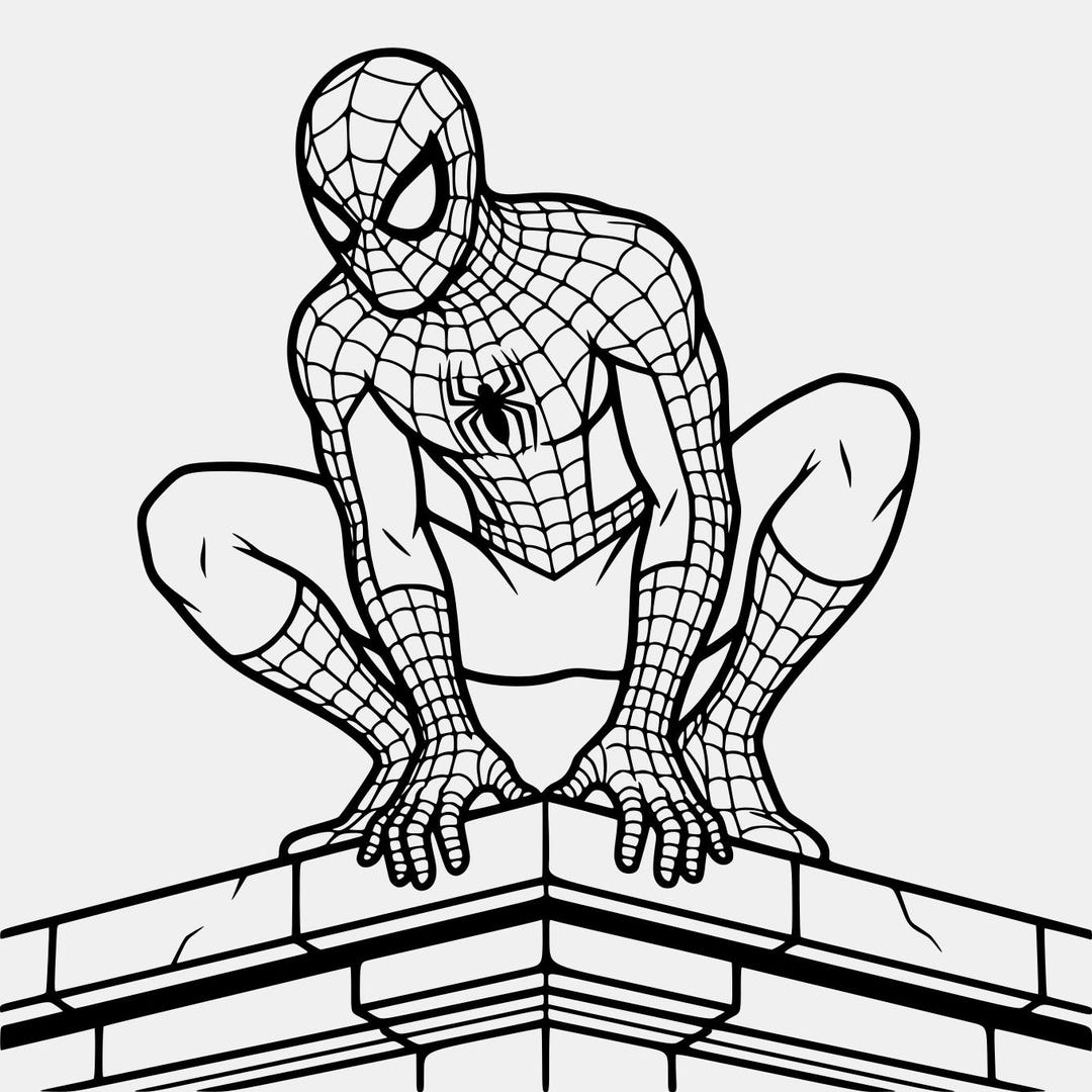 Spider-man Crouching on Rooftop Line Art - Etsy