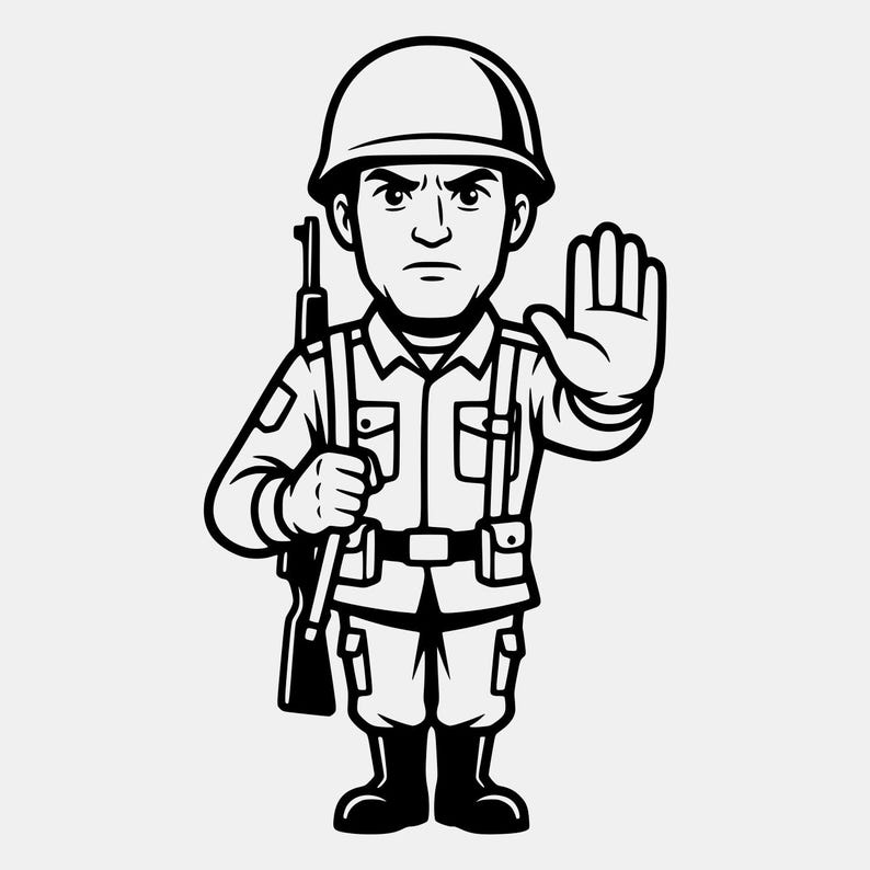 Cartoon Soldier Stop Signal SVG, Military Line Art Clipart, Serious ...