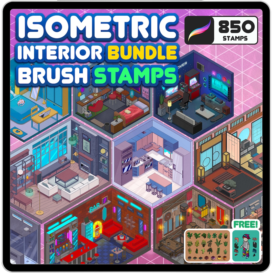 MEGA BUNDLE Procreate Isometric Room Stamps - 850+ Interior Decor ...