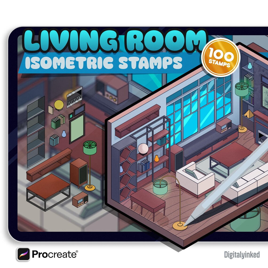 Procreate Isometric Living Room Stamps – 100+ Modern Furniture & Home ...