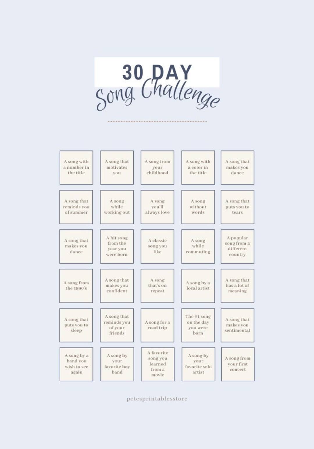 30 Day Song Challenge Printable Social Digital PDF Etsy